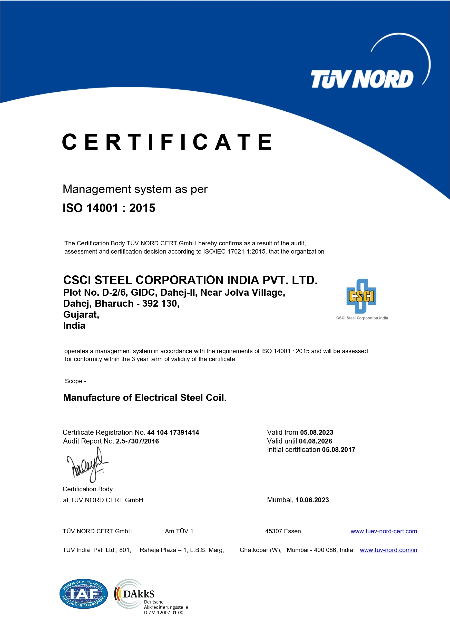 Certificates | CSCI Steel Corporation India